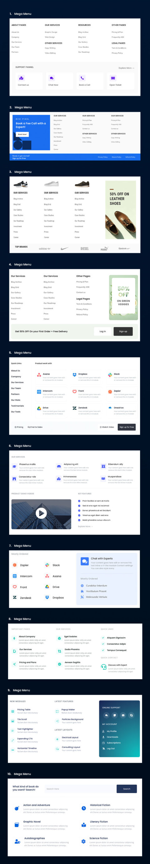 Download A FREE Mega Menu UI Kit for Divi | Divi Pixel